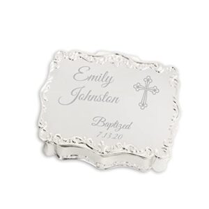 cherished moments personalized small rectangle-shaped jewelry box with custom engraved name and cross for baptism gift, silver toned