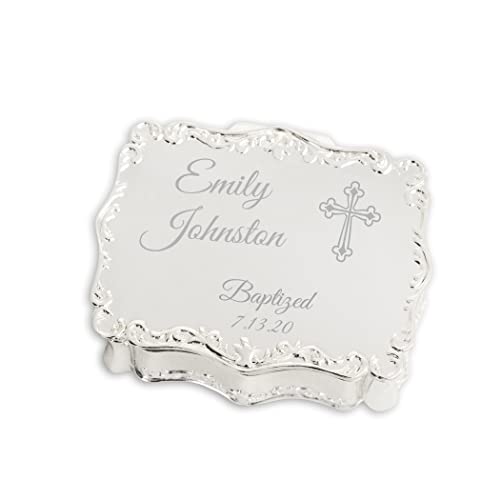 Cherished Moments Personalized Small Rectangle-Shaped Jewelry Box with Custom Engraved Name and Cross for Baptism Gift, Silver Toned