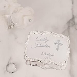 Cherished Moments Personalized Small Rectangle-Shaped Jewelry Box with Custom Engraved Name and Cross for Baptism Gift, Silver Toned