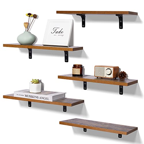 upsimples Floating Shelves for Wall Décor Storage, Wall Mounted Shelves Set of 5, Sturdy Wood Floating Shelves with Metal Brackets for Bedroom, Living Room, Bathroom, Over Toilet, Kitchen, Dark Brown