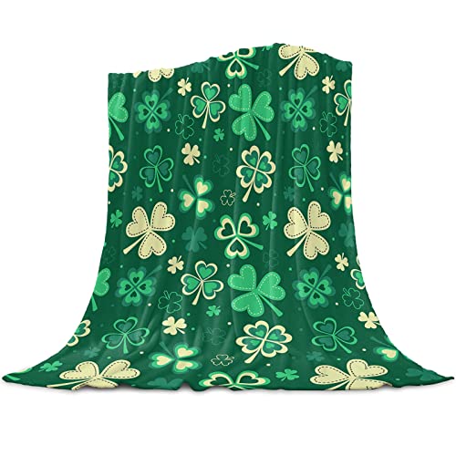 St. Patrick's Day Blankets Flannel Shamrocks Lucky Clover Fleece Throw Blanket,Cozy Soft Warm Fleece Blankets, Green Flannel Blanket Decorative Throw Blankets for Couch Bed Sofa, 39x49 inch