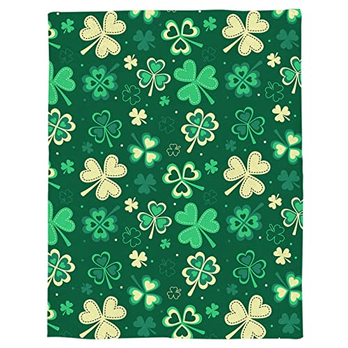 St. Patrick's Day Blankets Flannel Shamrocks Lucky Clover Fleece Throw Blanket,Cozy Soft Warm Fleece Blankets, Green Flannel Blanket Decorative Throw Blankets for Couch Bed Sofa, 39x49 inch