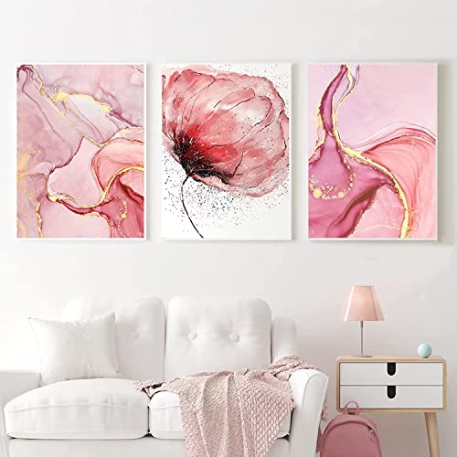 Pink Marble Abstract Wall Art Gold Foil Marble Painting Pink Flower Artwork Gold Pink Poster Prints Modern Marble Bathroom Decor Wall Art Pink and Gold Wall Decor for Living Room 16x24inch Unframed