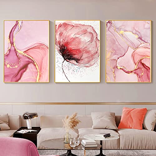 Pink Marble Abstract Wall Art Gold Foil Marble Painting Pink Flower Artwork Gold Pink Poster Prints Modern Marble Bathroom Decor Wall Art Pink and Gold Wall Decor for Living Room 16x24inch Unframed