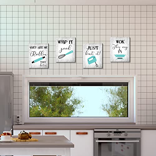 Creoate Turquoise Kitchen Canvas Wall Art, 4 Pieces Funny Kitchen Rules Songs for Kitchen Wall Decor, Canvas Poster Print Set 8X10 Framed Artwork for Dining Room, Coffee Bar, Bakery Decor