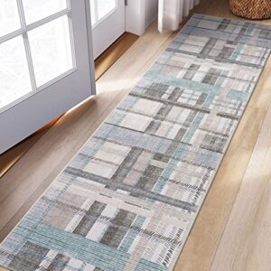 DECOMALL NELE Washable Runner Rug, Modern Plaid Non-Slip Long Rug for Hallway Kitchen, Multi 2’6”x9’