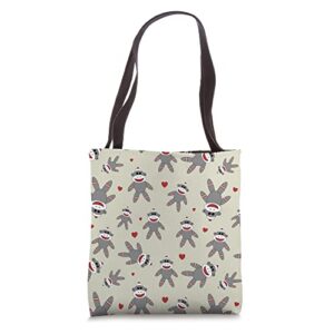 sock monkey studio cute sock monkey pattern on tan tote bag