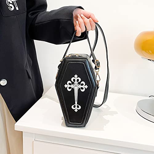 Gothic PU Leather Bag Women’s Crossbody Coffin Bag, Small Cell Phone Goth Purse, Novelty Shoulder Bags for Halloween Cosplay (Black)