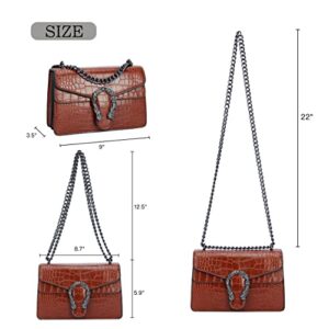 GLOD JORLEE Women's Stylish Chain Strap Crossbody Shoulder satchel Bags -Classic Stone Pattern Crocodile Pattern Leather Square Flap Handbag (Brown)