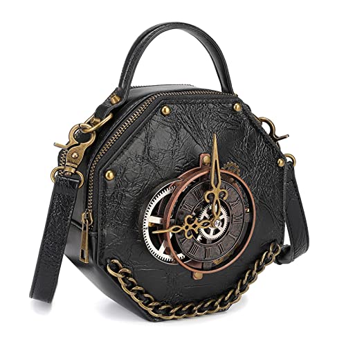 Steampunk PU Leather Messenger Bag Gothic Handbag Retro Handheld Crossbody Shoulder Bags Satchel, Black