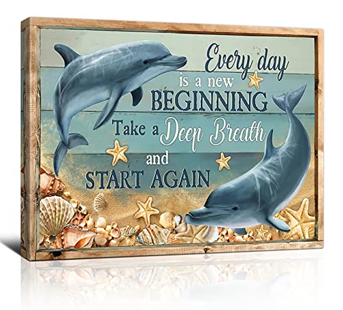 Dolphin Canvas Wall Art Inspiritional Wall Decor Every Day Is A New Beginning Nautical Ocean Painting Framed Artwork Ready To Hang for Living Room Bedroom Bathroom Home Decor 12x16 Inch