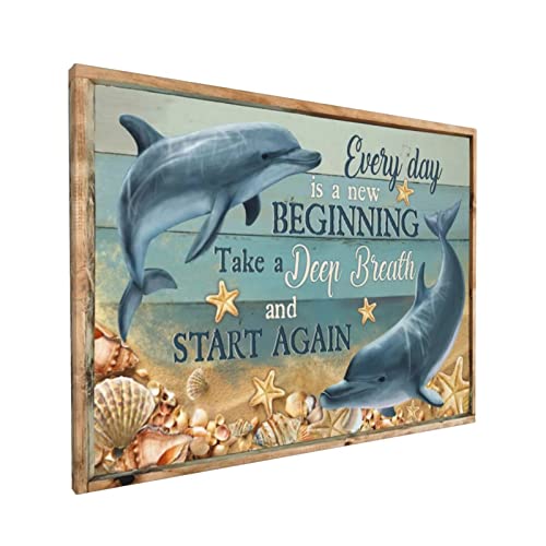 Dolphin Canvas Wall Art Inspiritional Wall Decor Every Day Is A New Beginning Nautical Ocean Painting Framed Artwork Ready To Hang for Living Room Bedroom Bathroom Home Decor 12x16 Inch