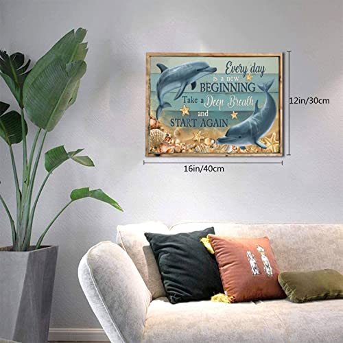 Dolphin Canvas Wall Art Inspiritional Wall Decor Every Day Is A New Beginning Nautical Ocean Painting Framed Artwork Ready To Hang for Living Room Bedroom Bathroom Home Decor 12x16 Inch