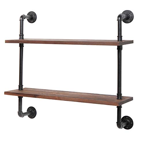 Pipe Floating Shelves, 2-Tiers Industrial Pipe Wall Shelves Bookshelf, Rustic Wall Mount Corner Shelf with Metal Frame, Storage Shelves for Bathroom, Bedroom, Kitchen, Living Room