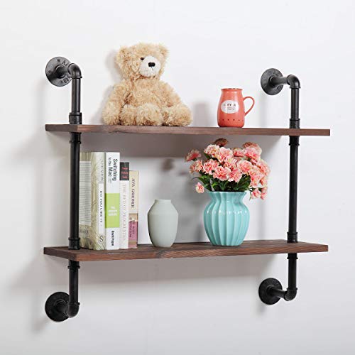 Pipe Floating Shelves, 2-Tiers Industrial Pipe Wall Shelves Bookshelf, Rustic Wall Mount Corner Shelf with Metal Frame, Storage Shelves for Bathroom, Bedroom, Kitchen, Living Room