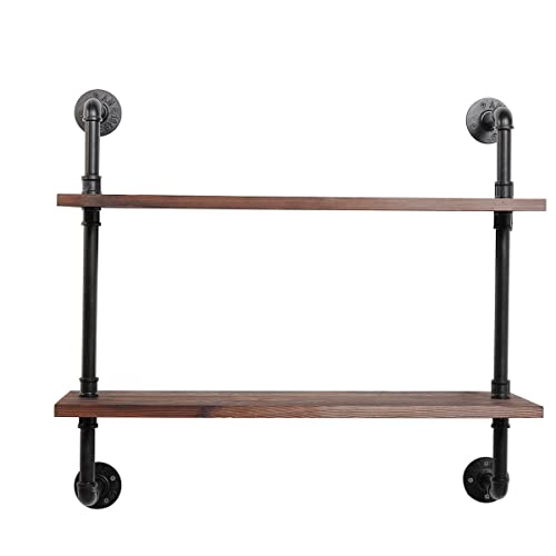 Pipe Floating Shelves, 2-Tiers Industrial Pipe Wall Shelves Bookshelf, Rustic Wall Mount Corner Shelf with Metal Frame, Storage Shelves for Bathroom, Bedroom, Kitchen, Living Room