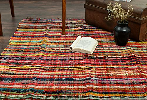 HOMEMONDE 4x6 Area Rug 100% Recycled Handmade Chindi Rag Carpet Colorful Boho Rugs for Living Room, Bedroom, Kitchen