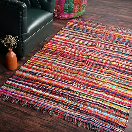 HOMEMONDE 4x6 Area Rug 100% Recycled Handmade Chindi Rag Carpet Colorful Boho Rugs for Living Room, Bedroom, Kitchen