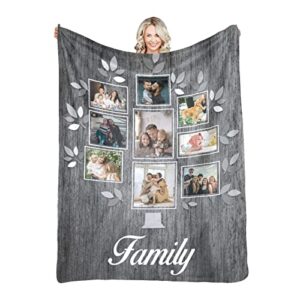 custom personalized family tree blanket with photos collage text, customized picture throw blankets for adults mom dad birthday(9 photos,50″x60″)