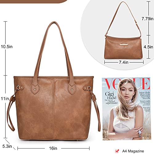 Tote Bag for Women Brown Ladies Designer Purses and Handbags Vegan Leather Top Handle Shoulder Satchel Hobo Bag with Coin Purse, 2PCS Set MWC2-087BR