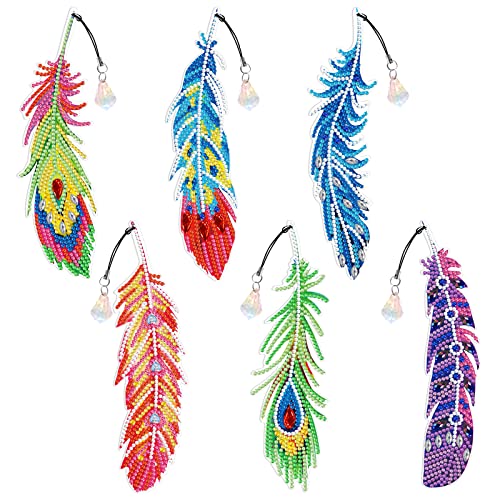 Feather Bookmark Diamond Painting Kit - pigpigboss 6 Pack DIY Acrylic Bookmark with Tassel Floral Bookmark Diamond Painting Art Feather Bookmark Diamond Dots for Adult Kid