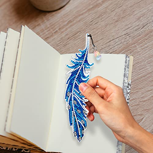 Feather Bookmark Diamond Painting Kit - pigpigboss 6 Pack DIY Acrylic Bookmark with Tassel Floral Bookmark Diamond Painting Art Feather Bookmark Diamond Dots for Adult Kid