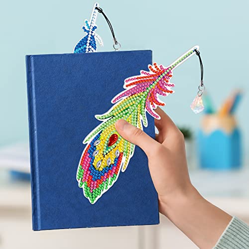 Feather Bookmark Diamond Painting Kit - pigpigboss 6 Pack DIY Acrylic Bookmark with Tassel Floral Bookmark Diamond Painting Art Feather Bookmark Diamond Dots for Adult Kid