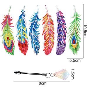 Feather Bookmark Diamond Painting Kit - pigpigboss 6 Pack DIY Acrylic Bookmark with Tassel Floral Bookmark Diamond Painting Art Feather Bookmark Diamond Dots for Adult Kid