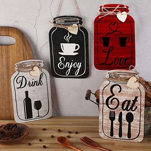 Yalikop 4 Pcs, Wall Decor Eat Drink Enjoy Love Wood Sign Mason Jar Shaped Wooden Rustic Home Decor for Home Kitchen Dining Room Bar Cafe Decor (White, Brick Red, Light Brown, Black, Retro Style)