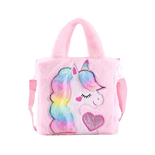 Women Fluffy Plush Handbag with Unicorn Motif Faux Fur Shoulder Bags Large Capacity Tote Bag with Retractable Strap (PK)