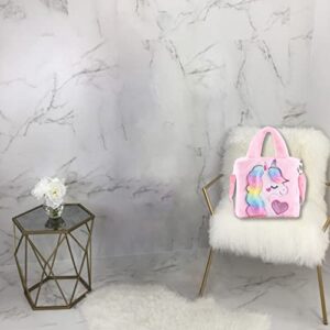 Women Fluffy Plush Handbag with Unicorn Motif Faux Fur Shoulder Bags Large Capacity Tote Bag with Retractable Strap (PK)