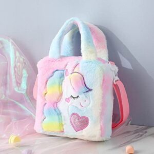 Women Fluffy Plush Handbag with Unicorn Motif Faux Fur Shoulder Bags Large Capacity Tote Bag with Retractable Strap (PK)