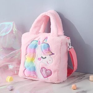 Women Fluffy Plush Handbag with Unicorn Motif Faux Fur Shoulder Bags Large Capacity Tote Bag with Retractable Strap (PK)