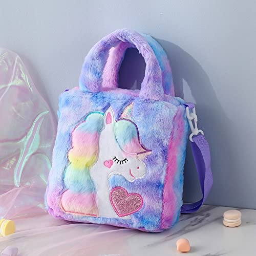 Women Fluffy Plush Handbag with Unicorn Motif Faux Fur Shoulder Bags Large Capacity Tote Bag with Retractable Strap (PK)