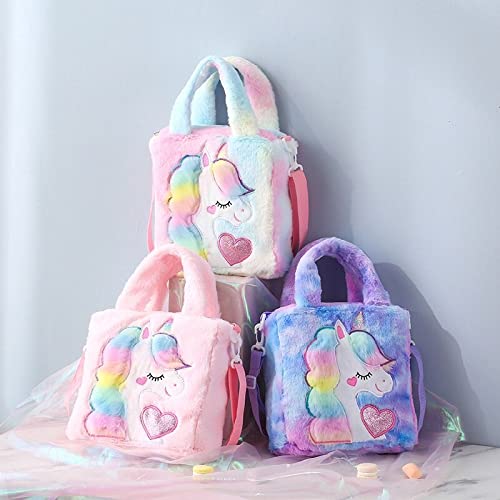 Women Fluffy Plush Handbag with Unicorn Motif Faux Fur Shoulder Bags Large Capacity Tote Bag with Retractable Strap (PK)