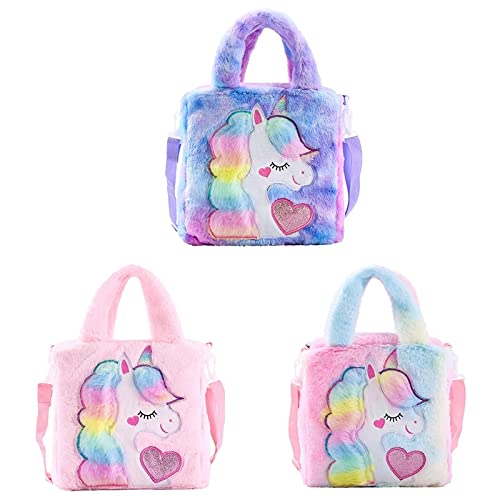 Women Fluffy Plush Handbag with Unicorn Motif Faux Fur Shoulder Bags Large Capacity Tote Bag with Retractable Strap (PK)