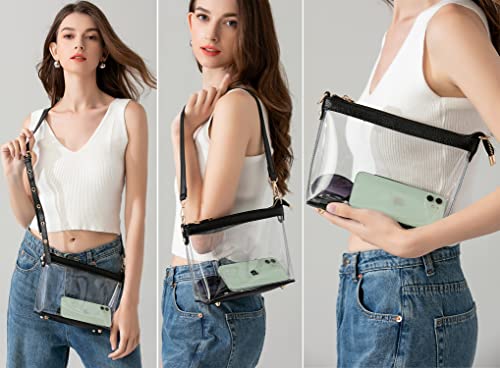 Y&R Direct 3-IN-1 Clear Zipper Crossbody Bag Transparent Purse Clutch with Leather Trim Women Gift Cute for Stadium Festivals Concert