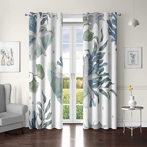 Nautical Coastal Window Curtain Beach Ocean Themed 50% Light Blocking Curtains Starfish Seaweed Room Darkening Curtains Grommet Window Drapes for Bedroom Living Room, 2 Panels, 52" x 63"