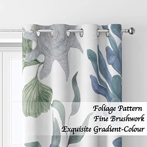 Nautical Coastal Window Curtain Beach Ocean Themed 50% Light Blocking Curtains Starfish Seaweed Room Darkening Curtains Grommet Window Drapes for Bedroom Living Room, 2 Panels, 52" x 63"