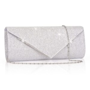 larcenciel clutch purses for women, sparkling envelope evening bag with detachable chain, glitter sequins metal formal handbag shoulder crossbody bag prom party purse bridal wedding clutch bag(sliver)