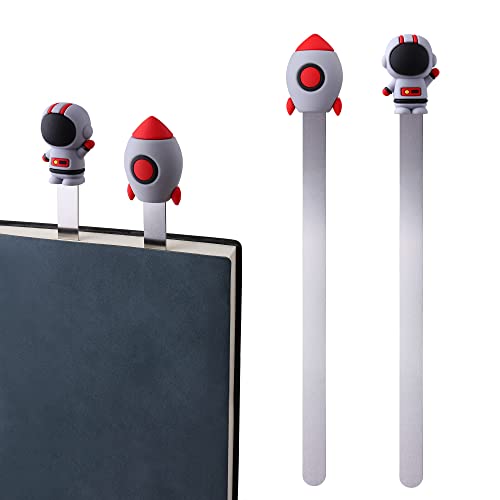 2PCS Metal Bookmark Cartoon Astronaut Rocket Bookmarks Unique Perfect Space Theme Page Markers Set Graduation Gifts for Kids Teens Adults Book Lovers Writers Readers Students Teachers Reading