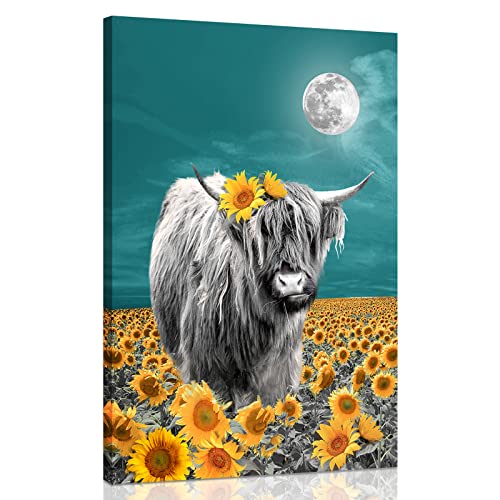 Highland Cow Sunflower Wall Art: Scottish Cow Canvas Print Farmhouse Wall Decor - Blossom Flowers Field Picture Bedroom Decoration Teal Moon Decorative Artwork for Home Office 10" x 15"