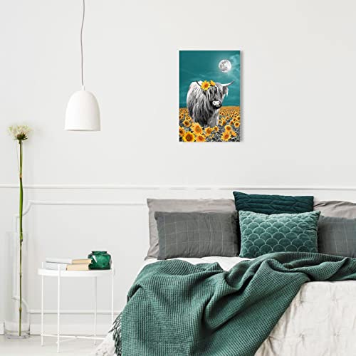 Highland Cow Sunflower Wall Art: Scottish Cow Canvas Print Farmhouse Wall Decor - Blossom Flowers Field Picture Bedroom Decoration Teal Moon Decorative Artwork for Home Office 10" x 15"