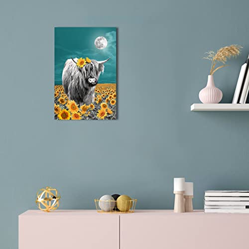 Highland Cow Sunflower Wall Art: Scottish Cow Canvas Print Farmhouse Wall Decor - Blossom Flowers Field Picture Bedroom Decoration Teal Moon Decorative Artwork for Home Office 10" x 15"