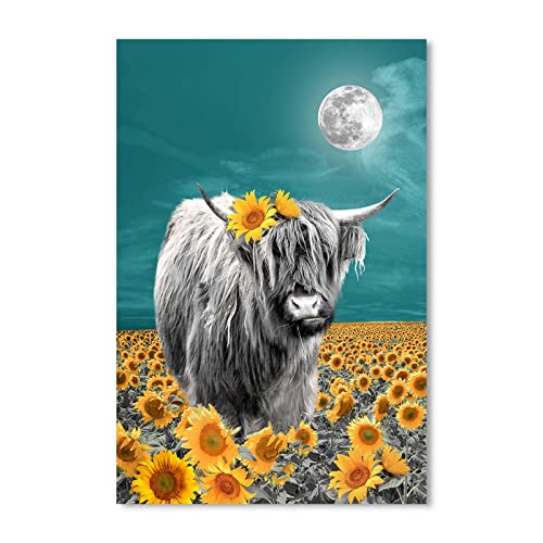 Highland Cow Sunflower Wall Art: Scottish Cow Canvas Print Farmhouse Wall Decor - Blossom Flowers Field Picture Bedroom Decoration Teal Moon Decorative Artwork for Home Office 10" x 15"