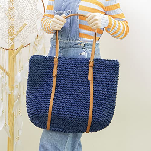 QTKJ Hand-woven Soft Large Straw Shoulder Bag with Boho Straw Handle Tote Retro Summer Beach Bag Rattan Handbag