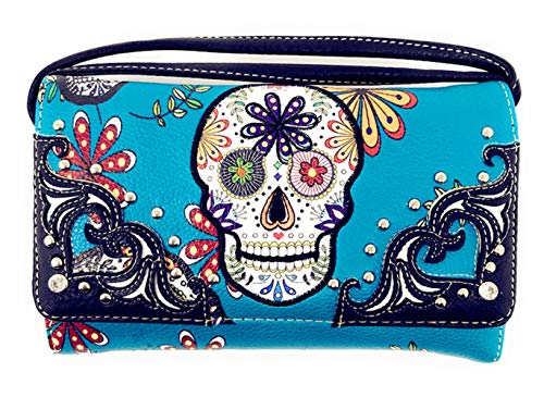 TEXAS WEST WESTERN COLLECTION TEXAS WEST Large Sugar Skull Day of the Dead Daypack Concealed Carry Backpack Women Travel Biker Purse Wallet Set (Turquoise)