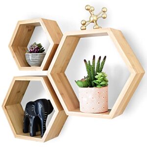 bamboo hexagon floating shelves for wall decor – set of 3 – eco-friendly honeycomb shelves for wall mounted hexagon shelf room decor with hanging hardware, wall shelves, hexagon shelves for home decor