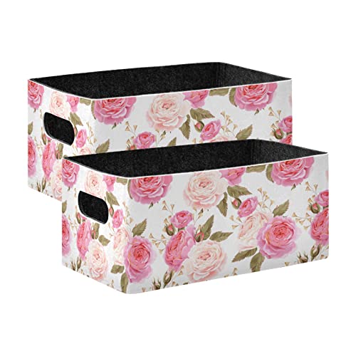 English Roses Flowers Storage Basket Bins Set (2pcs) Felt Collapsible Storage Bins with Handles Foldable Shelf Drawers Organizers Bins for Nursery Toys,Kids Room,Clothes,Towels,Magazine