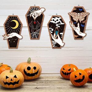 CHDITB Gothic Home Decor Coffin Hanging Sign(Set of 4, 6.3"x 10.43"), Spooky Coffin Shaped Door Hanger with Witch Hands Spider Butterfly, Retro Goth Horror Wood Sign for Home Party Haunted House